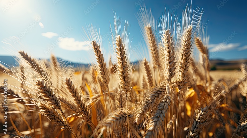 Wheat field. Ears of golden wheat close up. Beautiful Rural Scenery ...