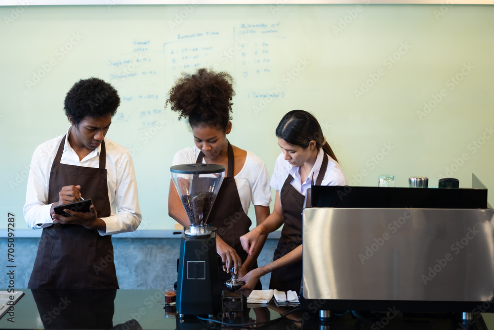 Barista coffee training workshop. Barista learning make coffee by ...