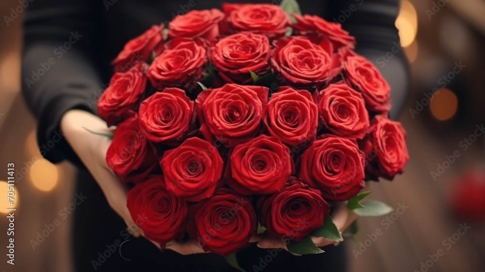 couple in love of man and woman kissing behind big red roses bouquet at ...