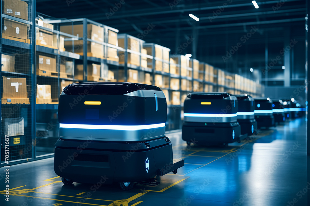 Concept of unmanned automated warehouse with robots. Artificial ...