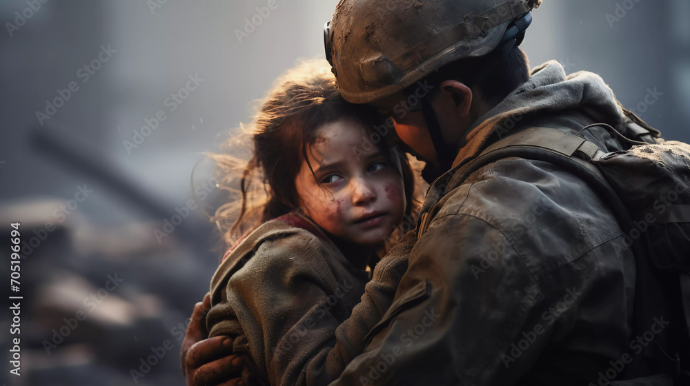 Soldier holds a child refugee little girl sad from being forced to flee ...