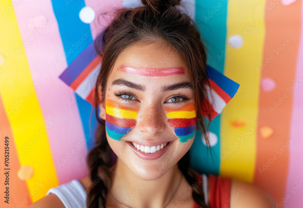 A girl painted on her face, wearing the rainbow transgender flag at the ...