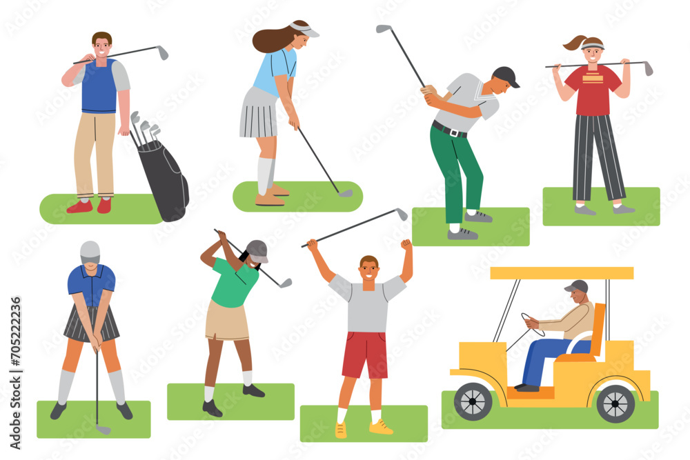 Cartoon golfers in poses. People with clubs trying to score balls in ...