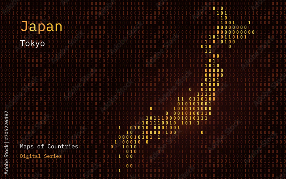 Japan Map Shown in Binary Code Pattern. TSMC. Blue Matrix numbers, zero, one. World Countries ...