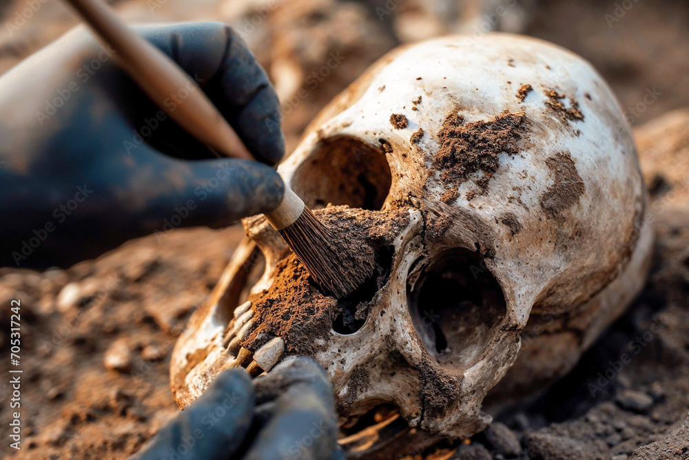 Archaeologist brushing dirt off a human skull at a dig site ...
