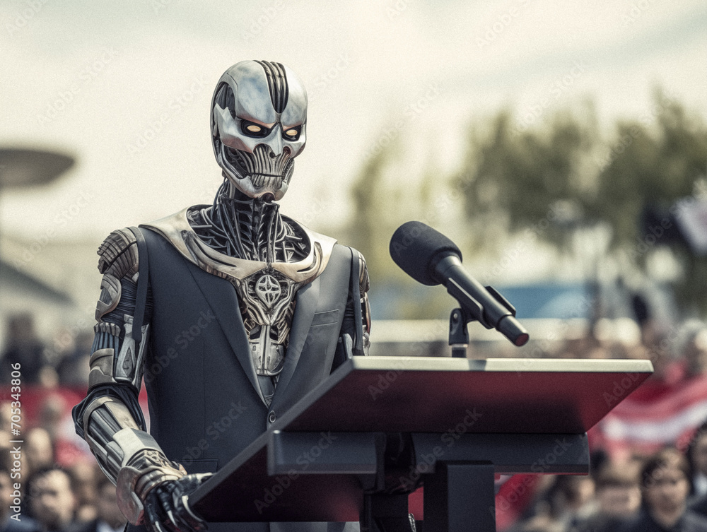 Futuristic AI Robot as President of the USA Addressing a Meeting Stock ...