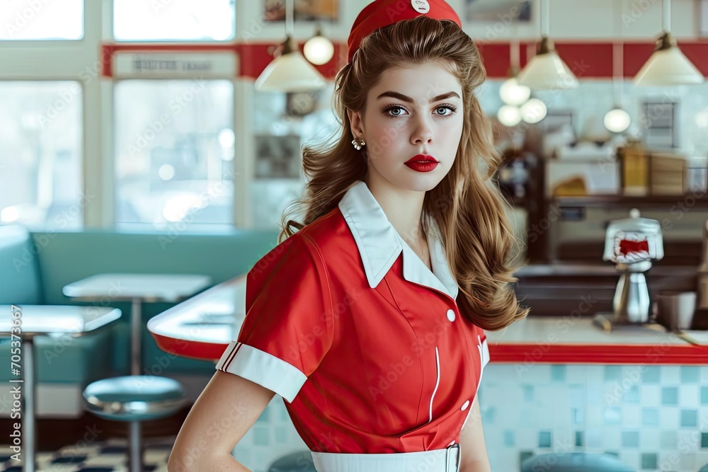 Model as a retro 1950s diner waitress with a vintage uniform and ...
