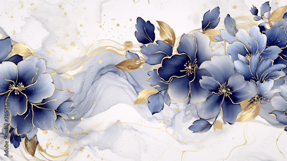 floral background with marble pattern. watercolor navy blue background ...