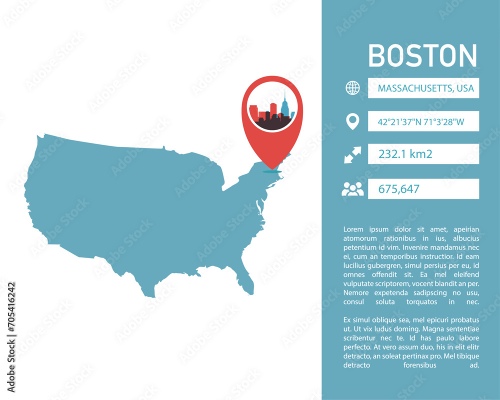 Boston USA map shape vector infographics template. Modern city data ...