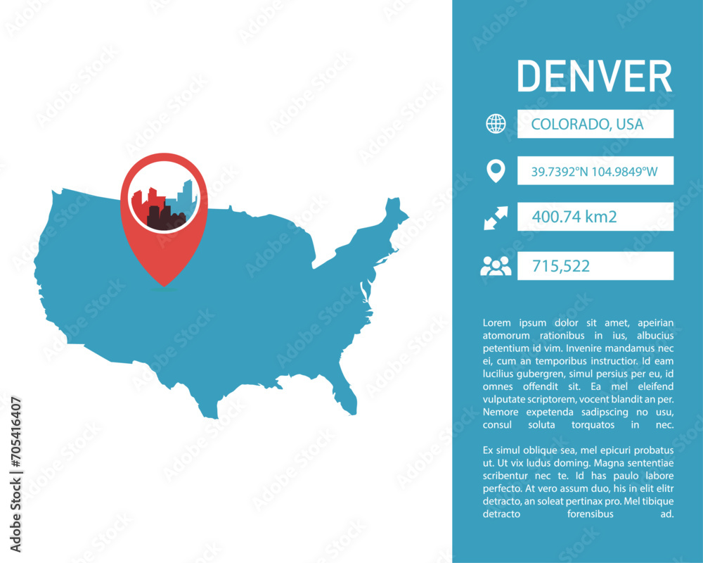 Denver USA map shape vector infographics template. Modern city data ...