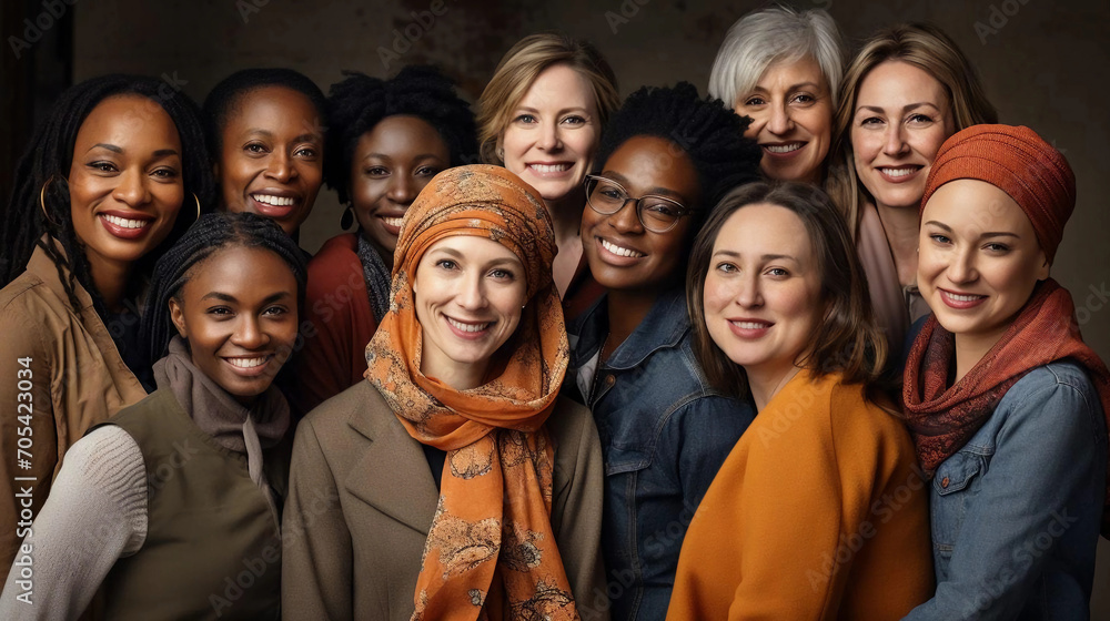 A group portrait of diverse women smiling from different races and ...