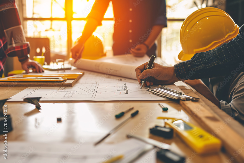 construction worker team planning building plan with blueprint and ...