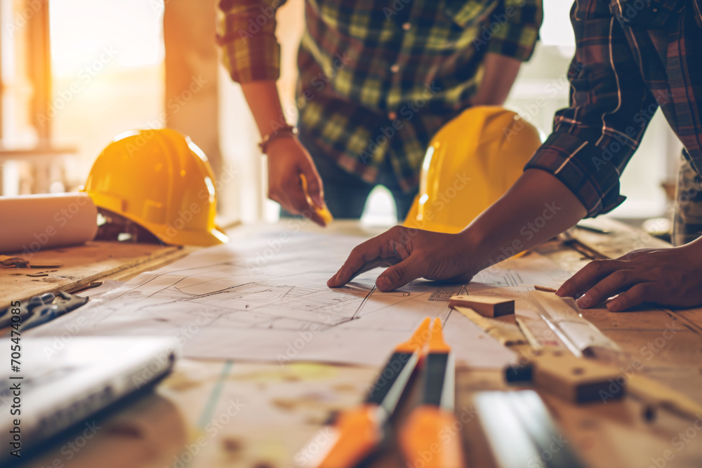 construction worker team planning building plan with blueprint and ...