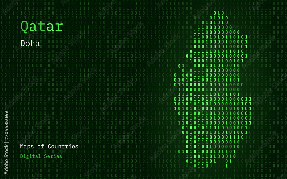 Qatar Map Shown in Binary Code Pattern. TSMC. Gold Matrix numbers, zero, one. World Countries ...