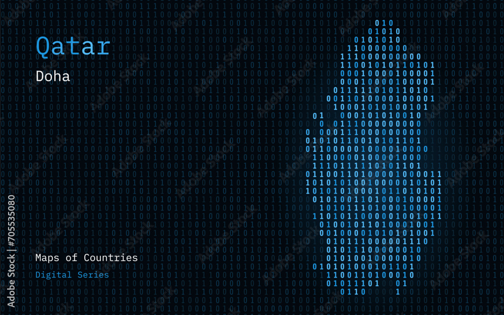Qatar Map Shown in Binary Code Pattern. TSMC. Blue Matrix numbers, zero ...