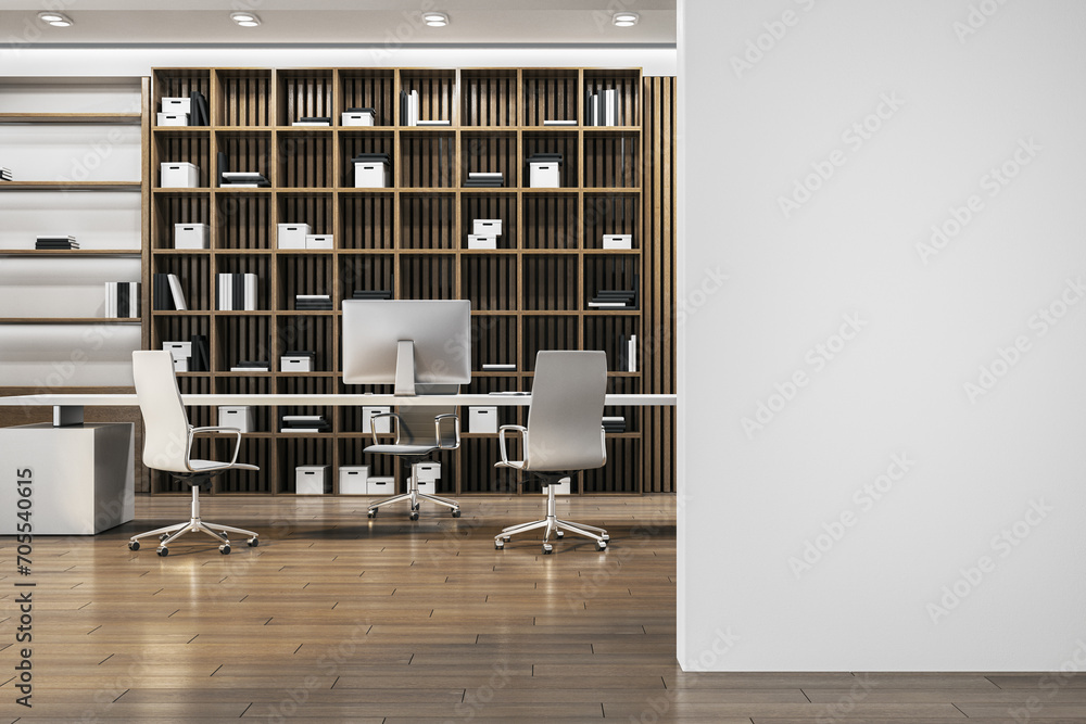 Modern wooden and concrete library office interior with blank mock up ...