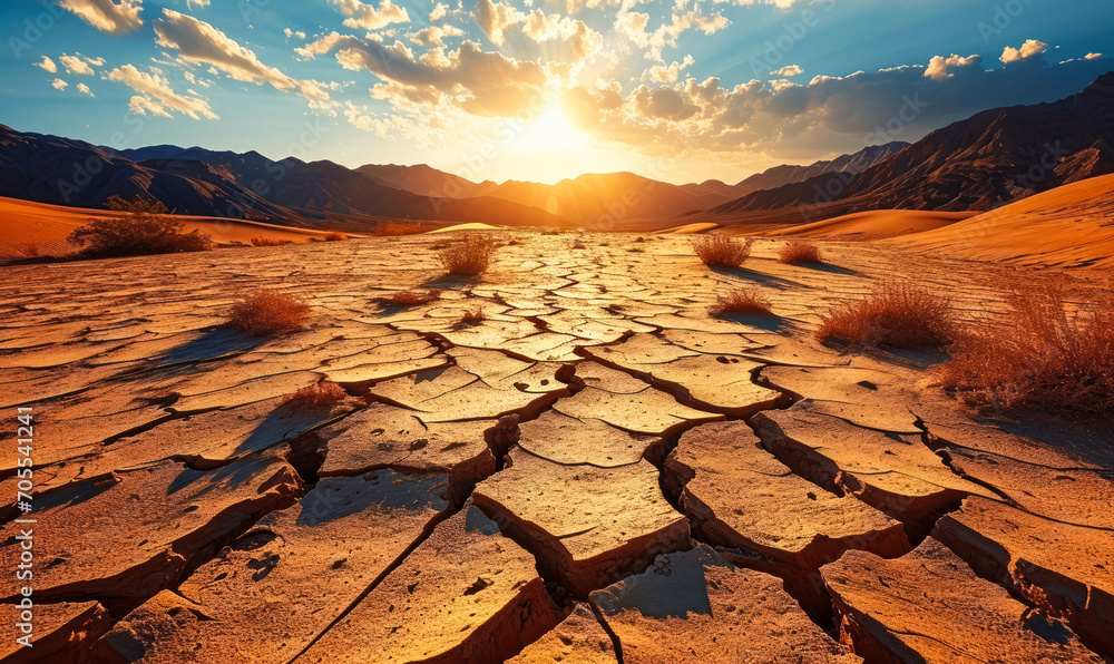 Expansive Desert Landscape with Cracked Earth Foreground Leading to ...