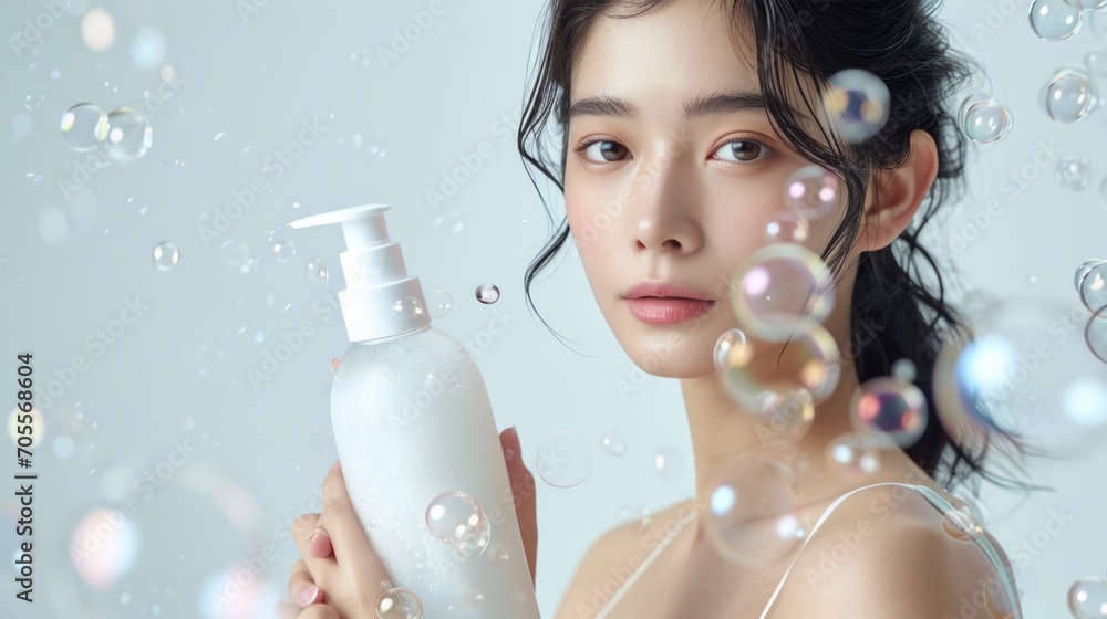 Elegant shampoo advertisement, featuring a beautiful japanese woman in ...