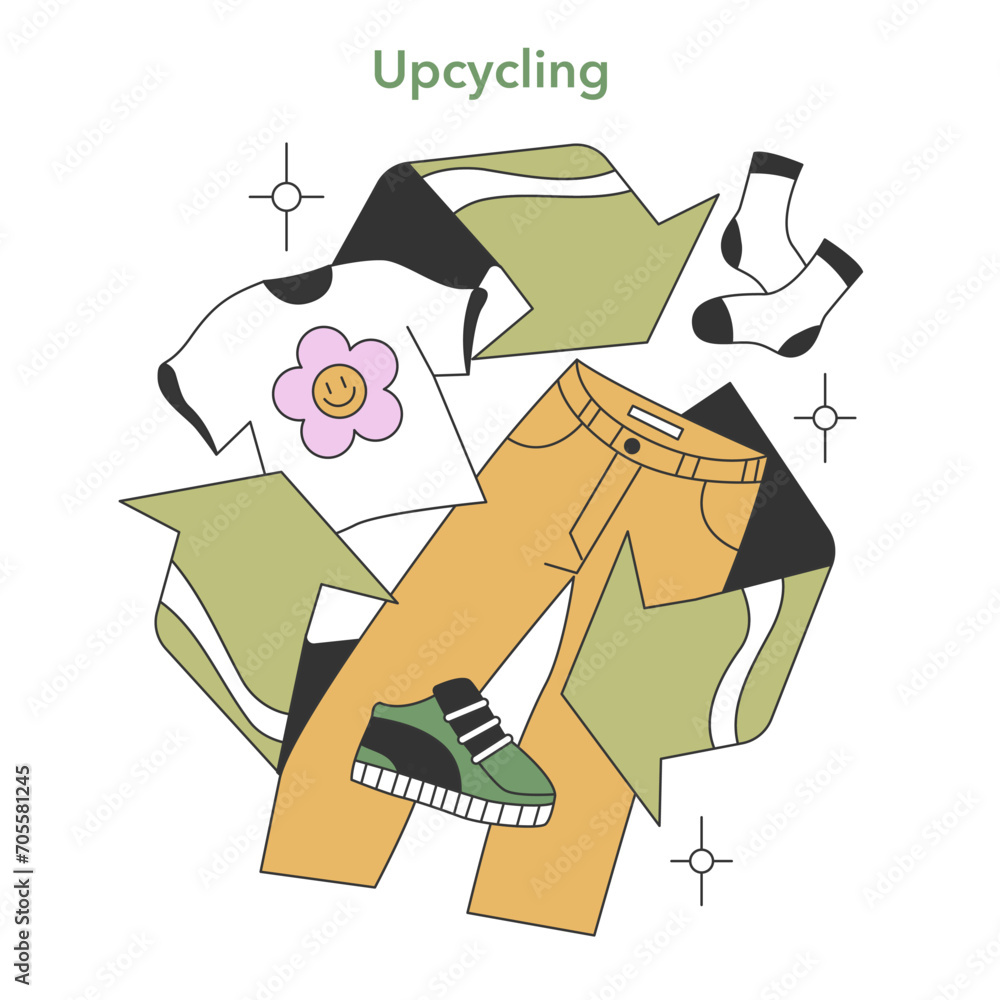 Upcycling concept. Clothing and footwear signify creative reuse and the ...