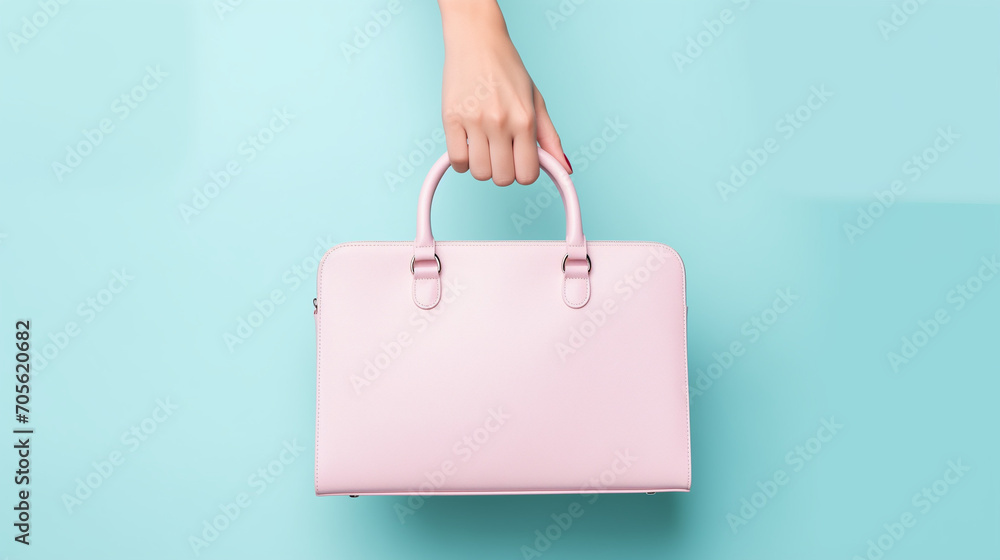Pink designer bag isolated, Female hands holds handbag on blue ...