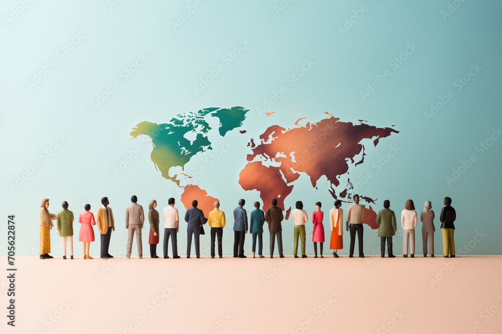 Human figures standing in front of world map, cute human puppet figures ...