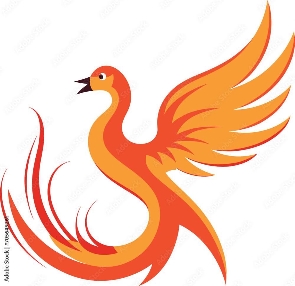 Orange and yellow phoenix bird in flight with spread wings. Mythical ...