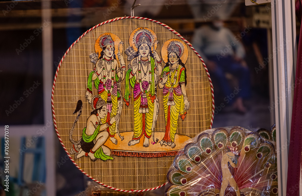Hindu god ram idol made with jute hanging on display. Selective focus ...