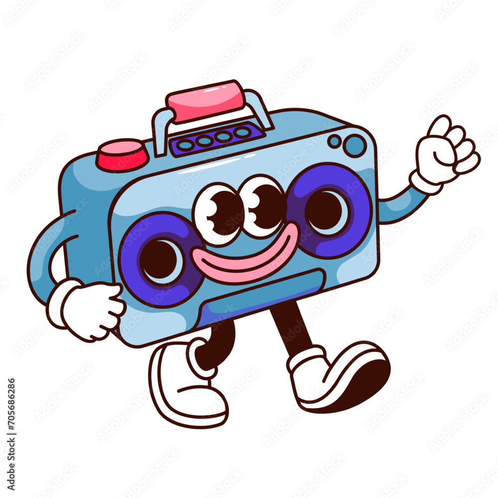 Groovy cartoon boombox character. Funny music player mascot with two ...