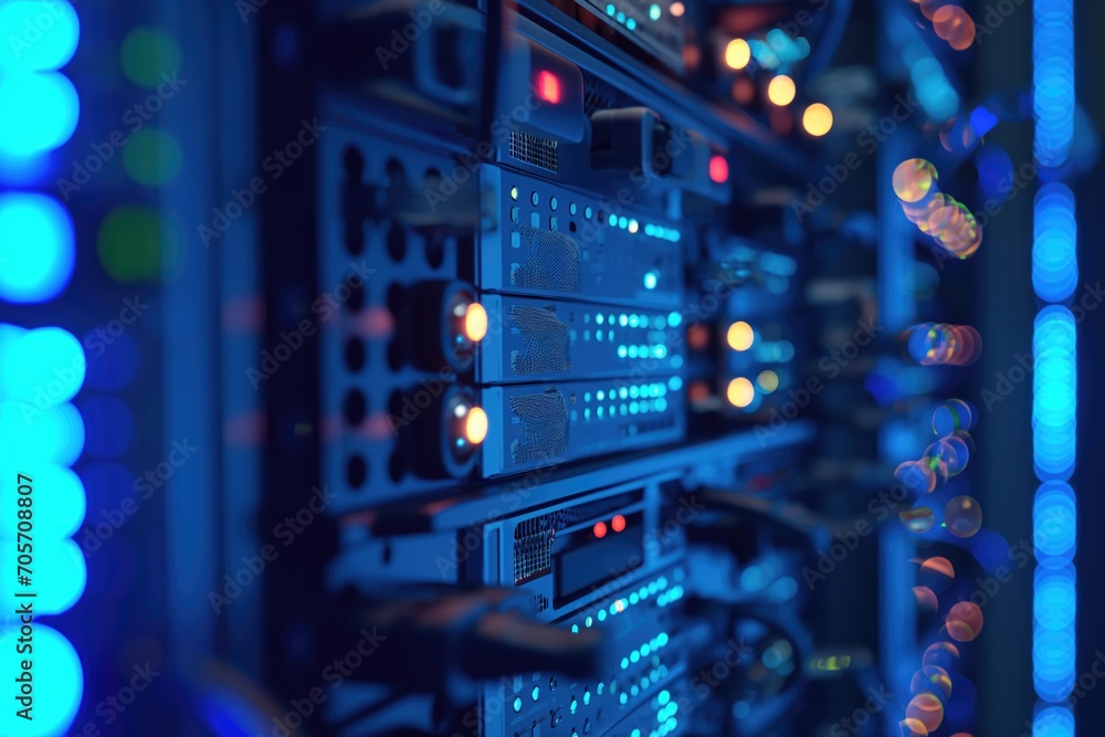 Data storage server room with switchboard Glowing Blue in Dark as ...