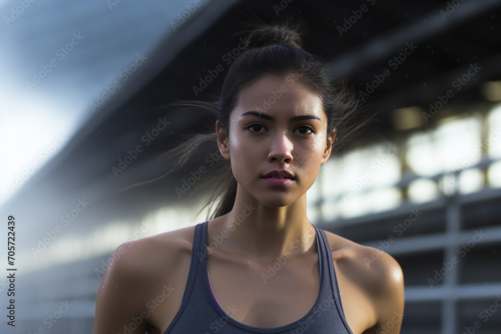 a photo of a female asian sprinter athlete on a track sweaty after ...