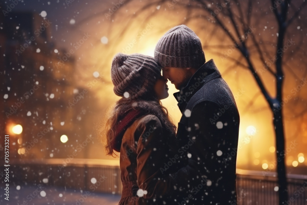 Romantic couple kissing and hugging in snowy winter city, Valentine day ...