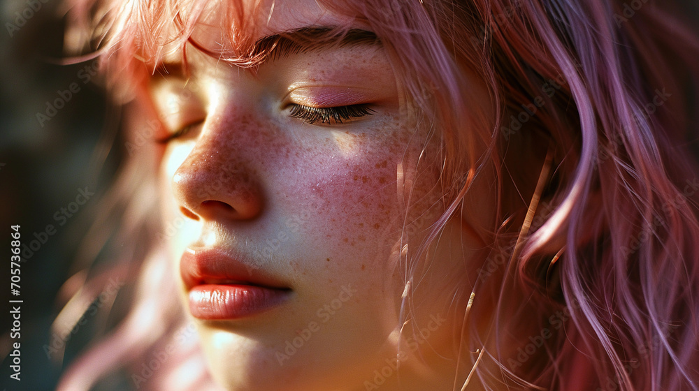 Close up portrait of a beauty woman face with pink color hair, freckles ...