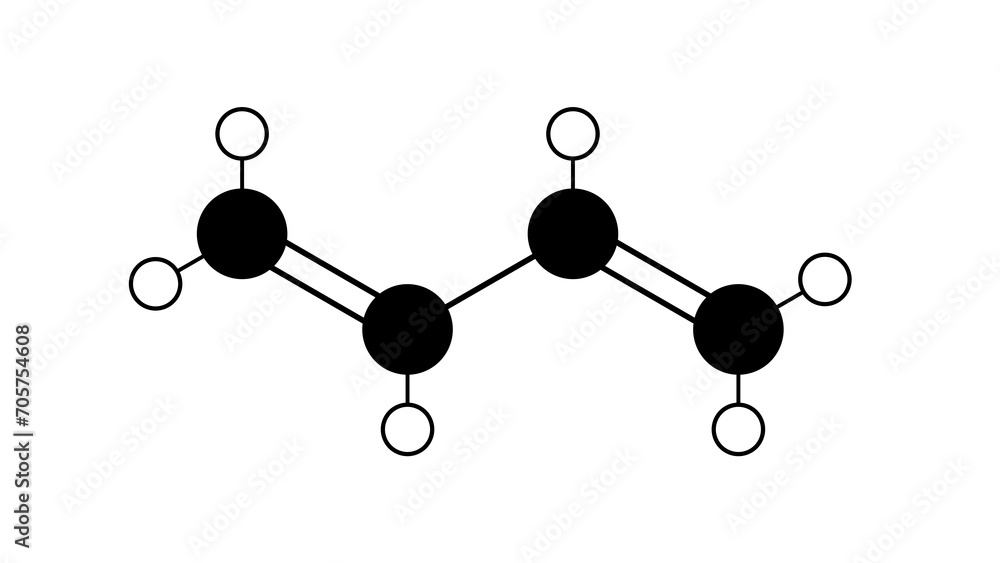 butadiene molecule, structural chemical formula, ball-and-stick model ...