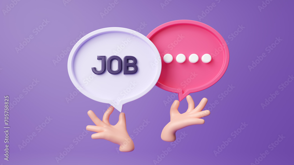 3D Hand holding job speech bubble on purple background, job search ...