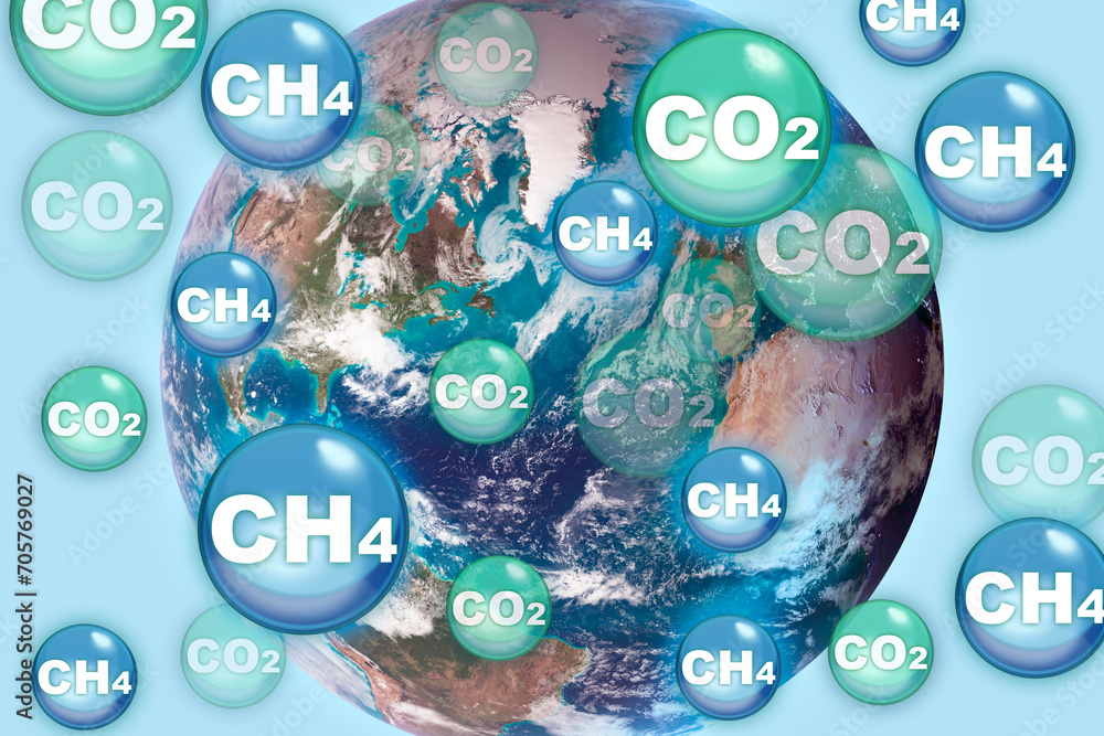 CO2 Carbon Dioxide and CH4 gas methane emissions, the two main causes of global warming ...