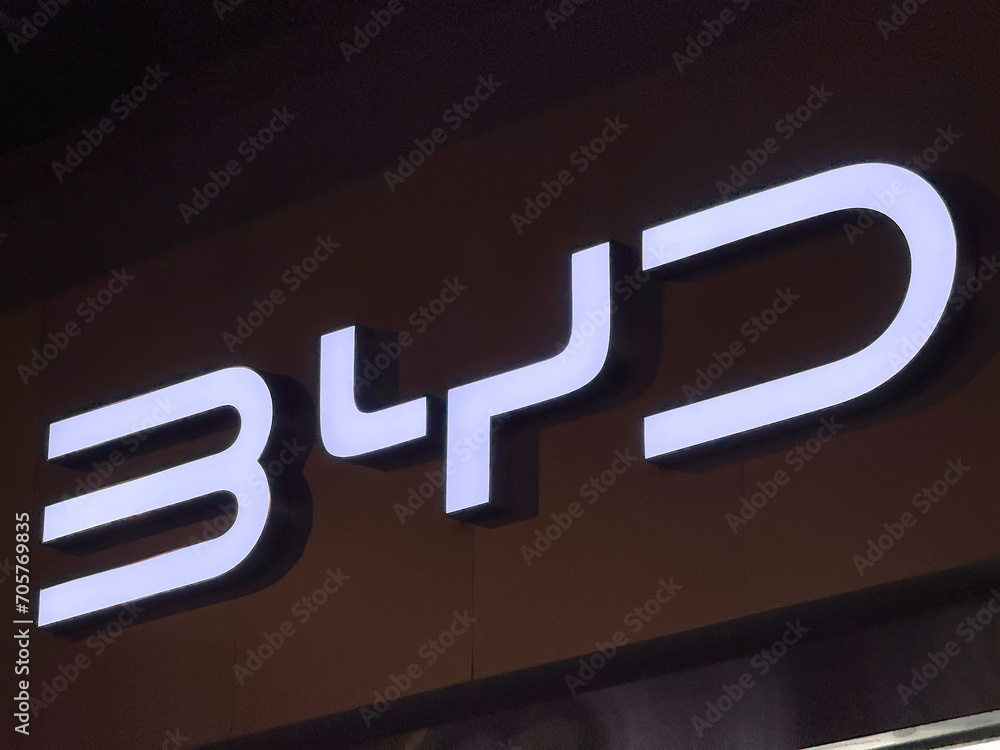 Shanghai,China-Jan.9th 2024:BYD store sign. BYD company brand logo ... Shanghai,China-Jan.9th 2024:BYD store sign. BYD company brand logo ...