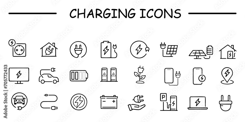 Charging icon set. Containing charge, battery, energy, electricity ...