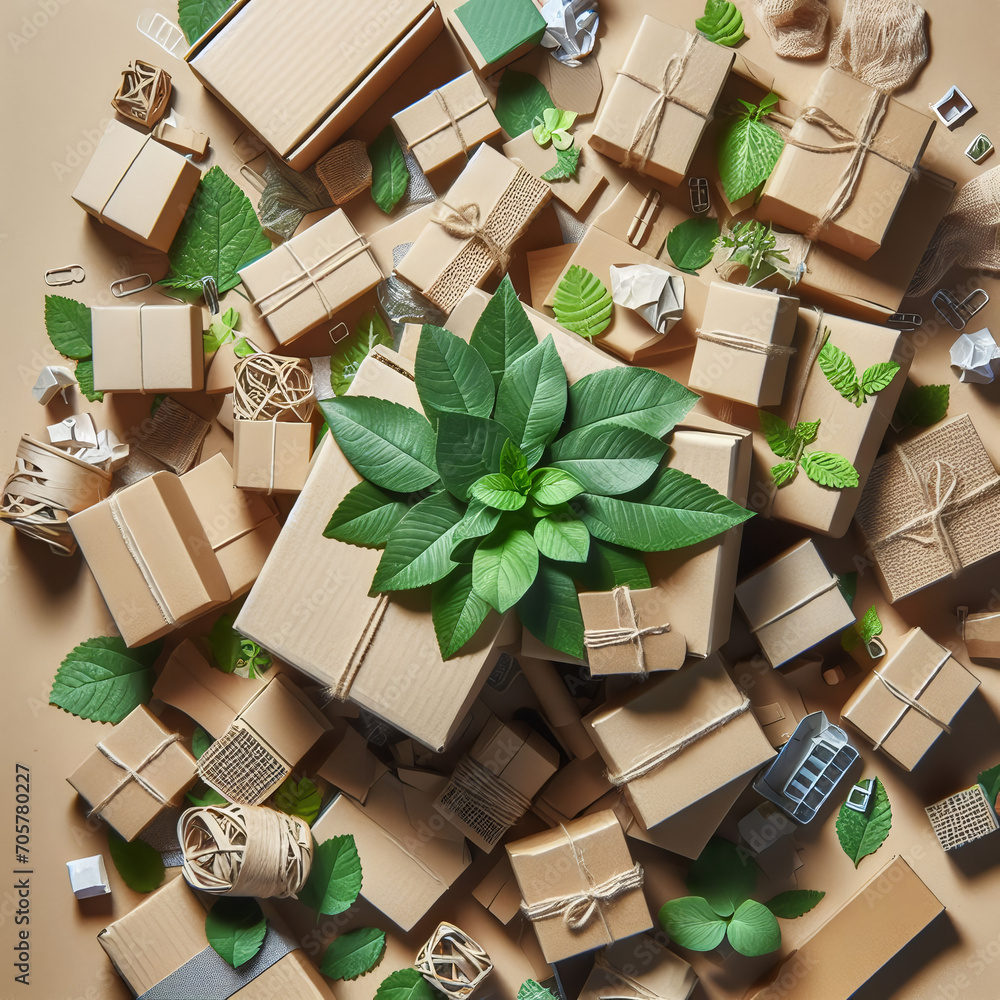 Heap of cardboard boxes from natural recyclable materials with green ...