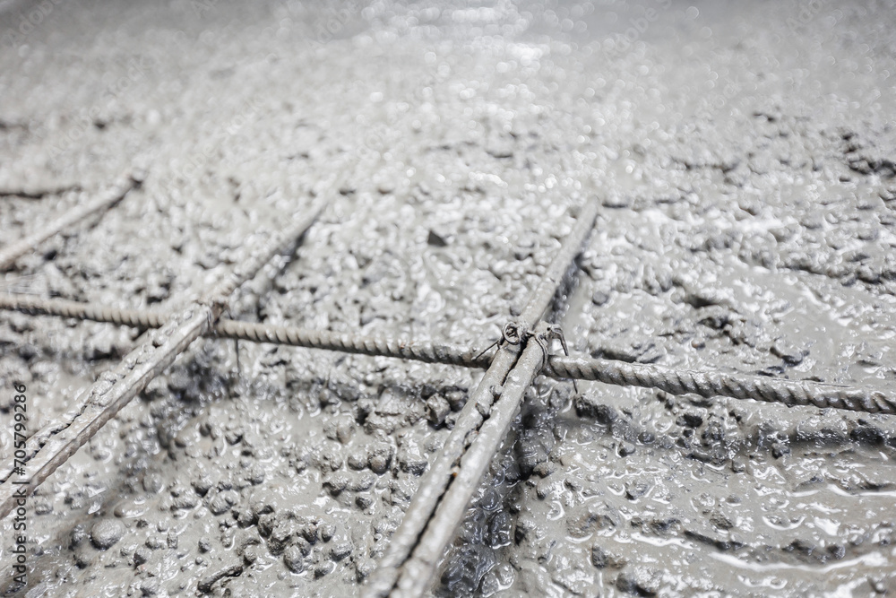 Iron frame for foundation floor, cement building site. Closeup ...