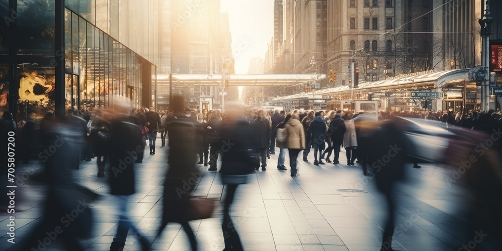 Dynamic shot of a bustling urban environment, with blurred pedestrians ...