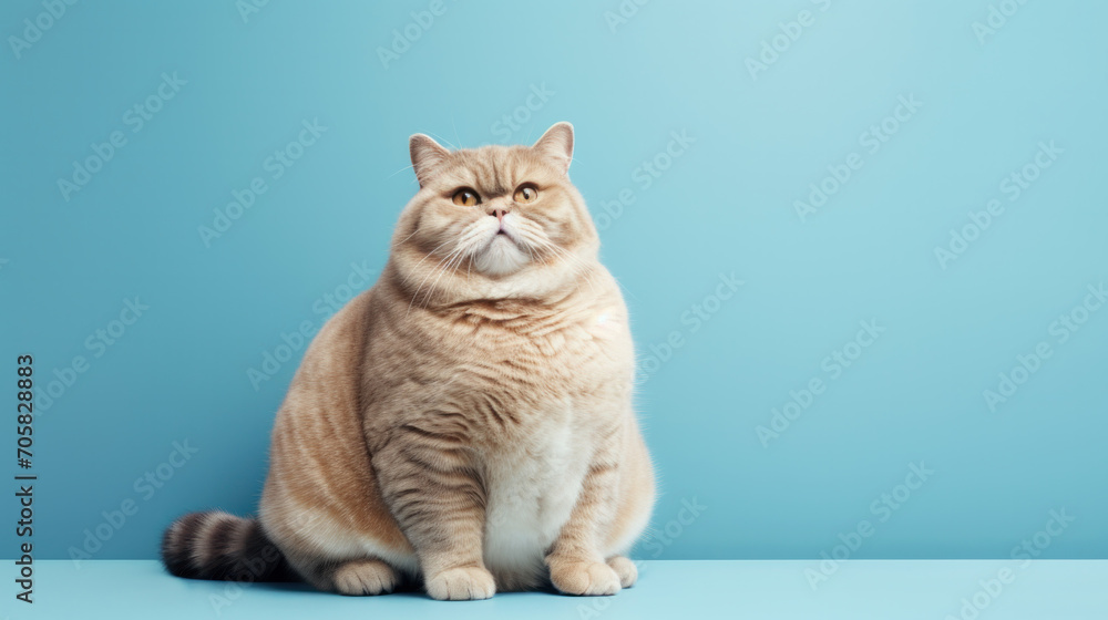 Fat British cat sits on blue background, puts its paw funny and looks ...