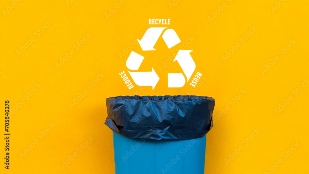 Reduce, reuse, recycle symbol with garbage bin on yellow background ...