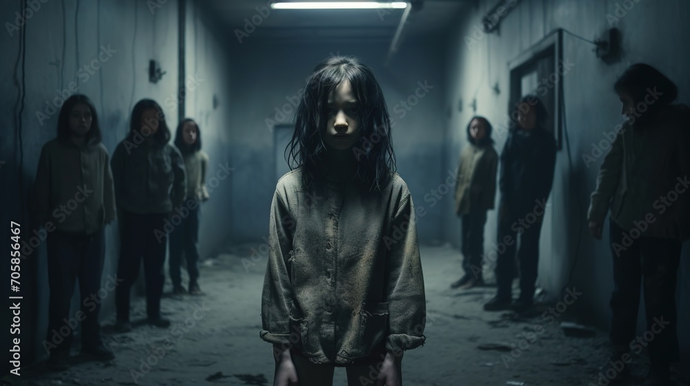 Little sad girl hidden or locked in the basement. Human trafficking and ...