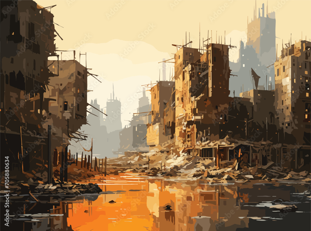 complex vector-style background image depicting a post-apocalyptic ...