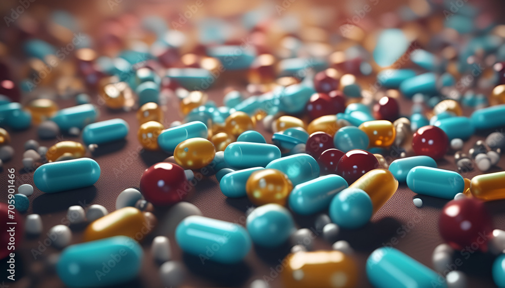 Closeup of piles of medicinal pharmaceutical tablets and pills for ...