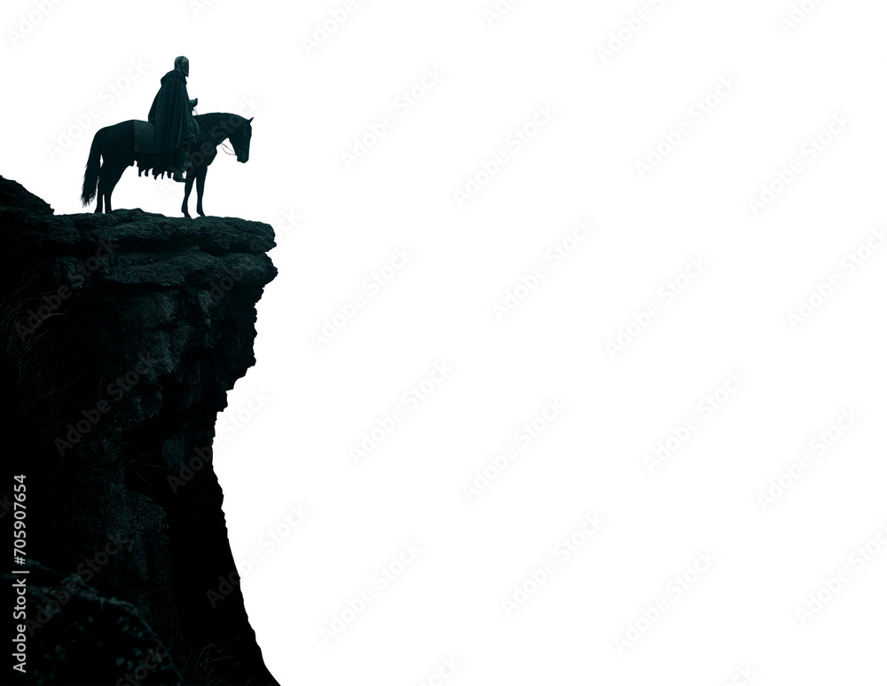 Foto de Stock Knight on a cliff. Knight riding a majestic black horse ...