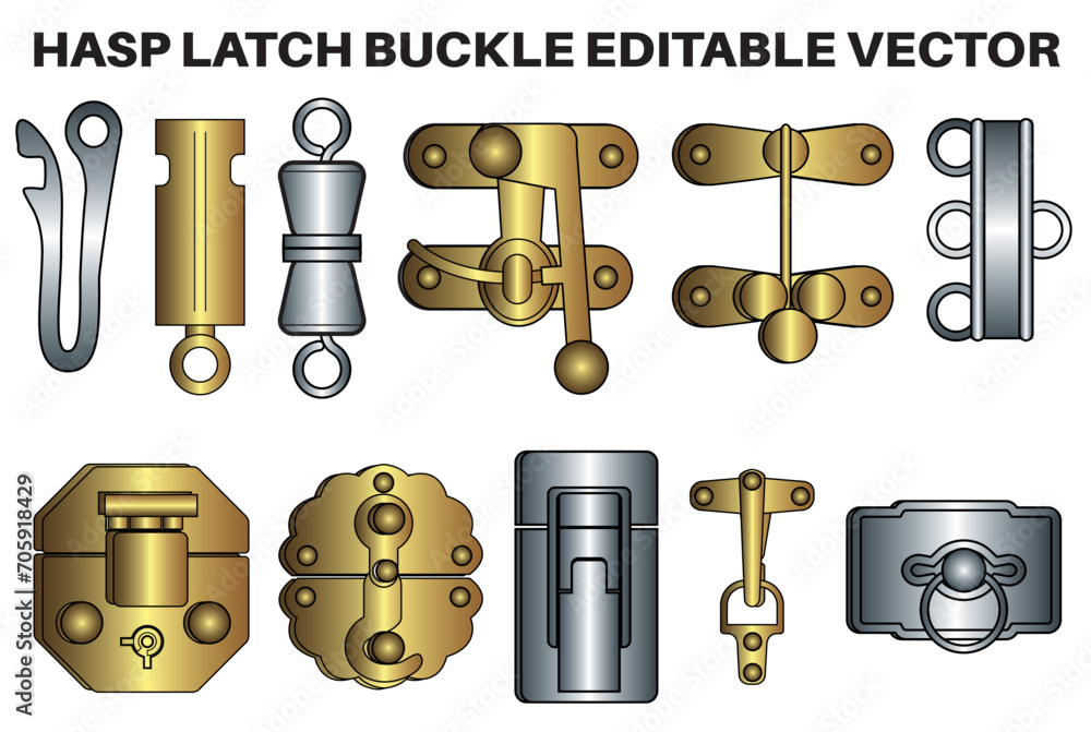 Hasp latch buckle flat sketch vector illustration set, different types ...