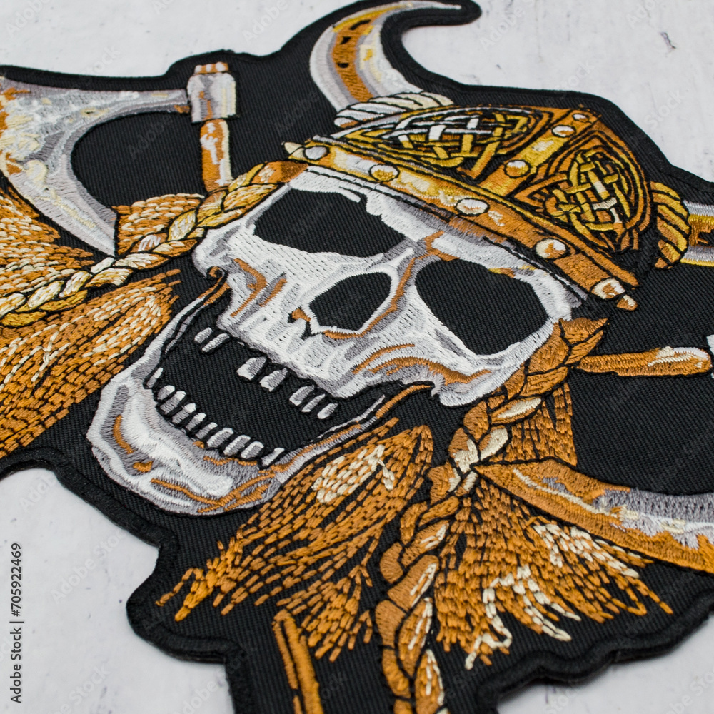 Embroidered patch with Viking skull in horned helmet with axes. Asatru ...