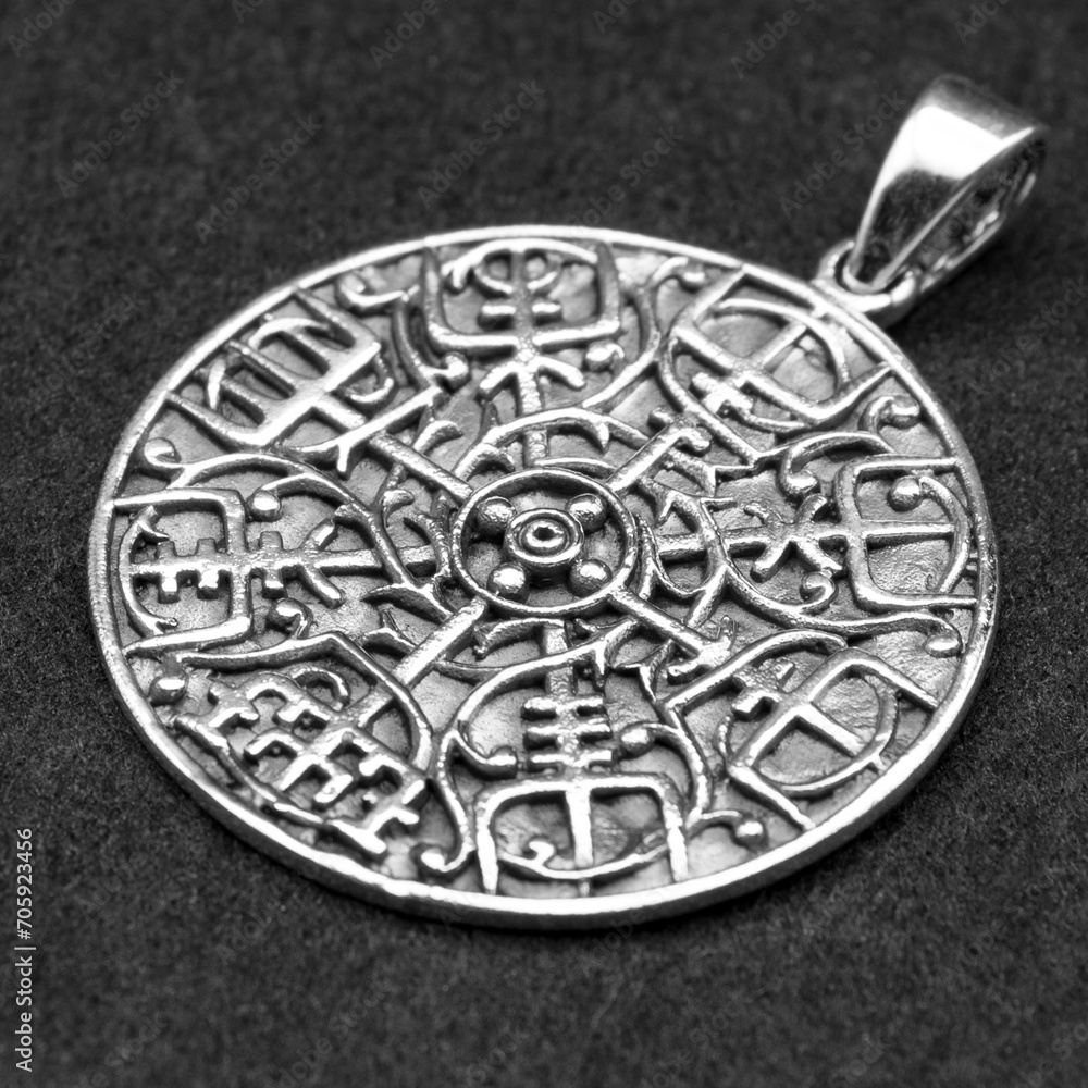 Silver pendant. Helmet of horror. Runic compass, futhark, runes, ravens ...