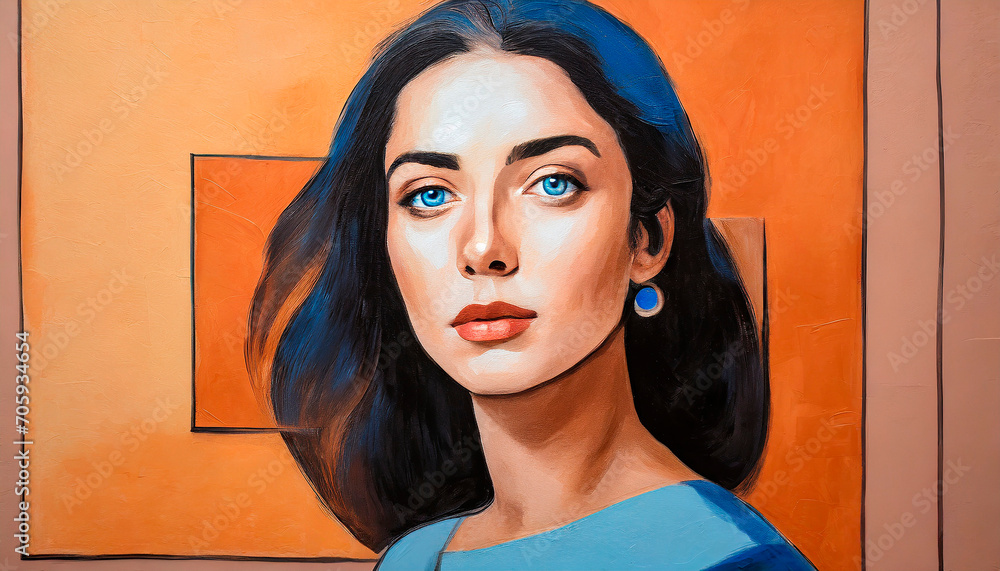 Cubism Portrait of a beautiful women with big blue eyes. Abstract wall ...